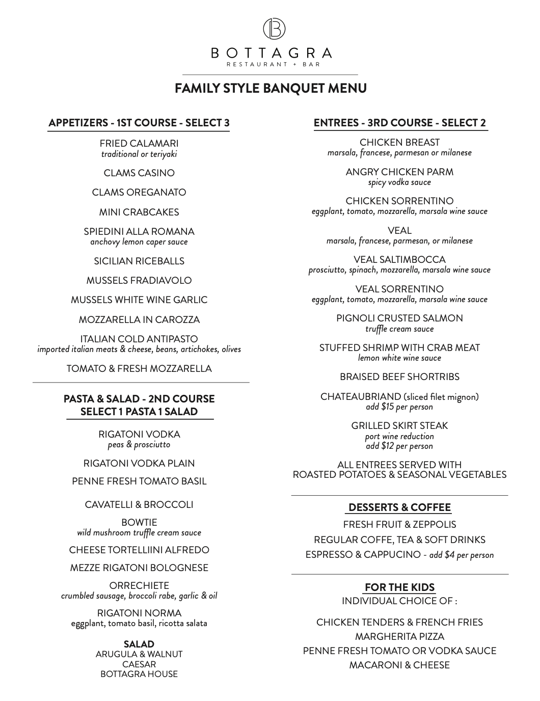 Family Style Banquet Menu — Bottagra